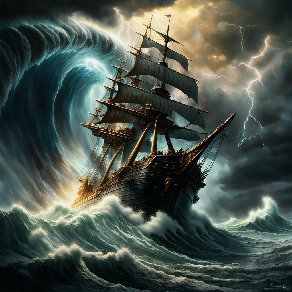 Средневековый корабль - Gothic Warship Sinks Beneath Turbule...