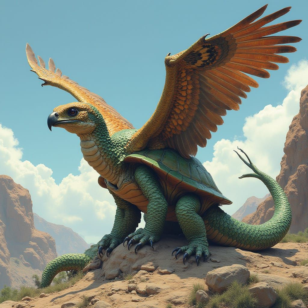 Surreal Beast of Serpent, Turtle, and Eagle, Perch... - AI Art