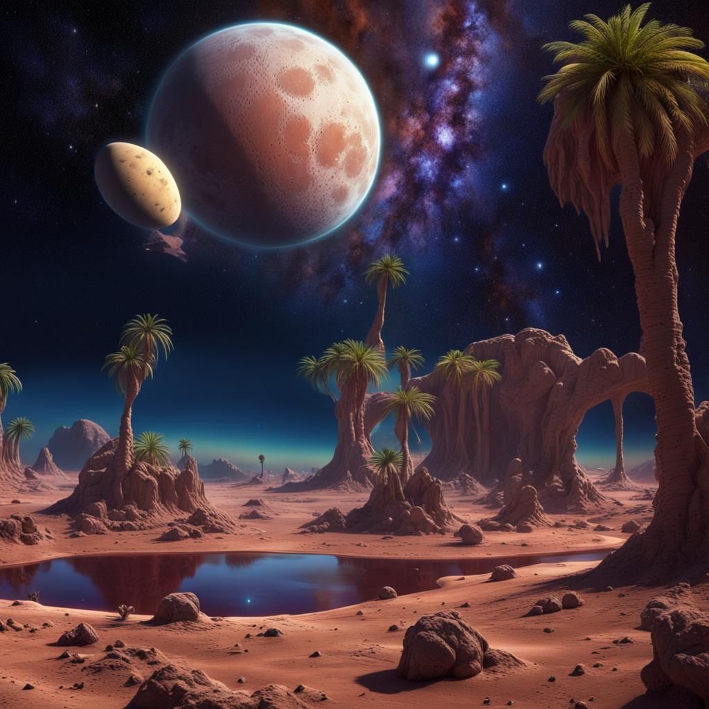 Photograph, Macro, alien island oasis on the moon, starry sky with ...