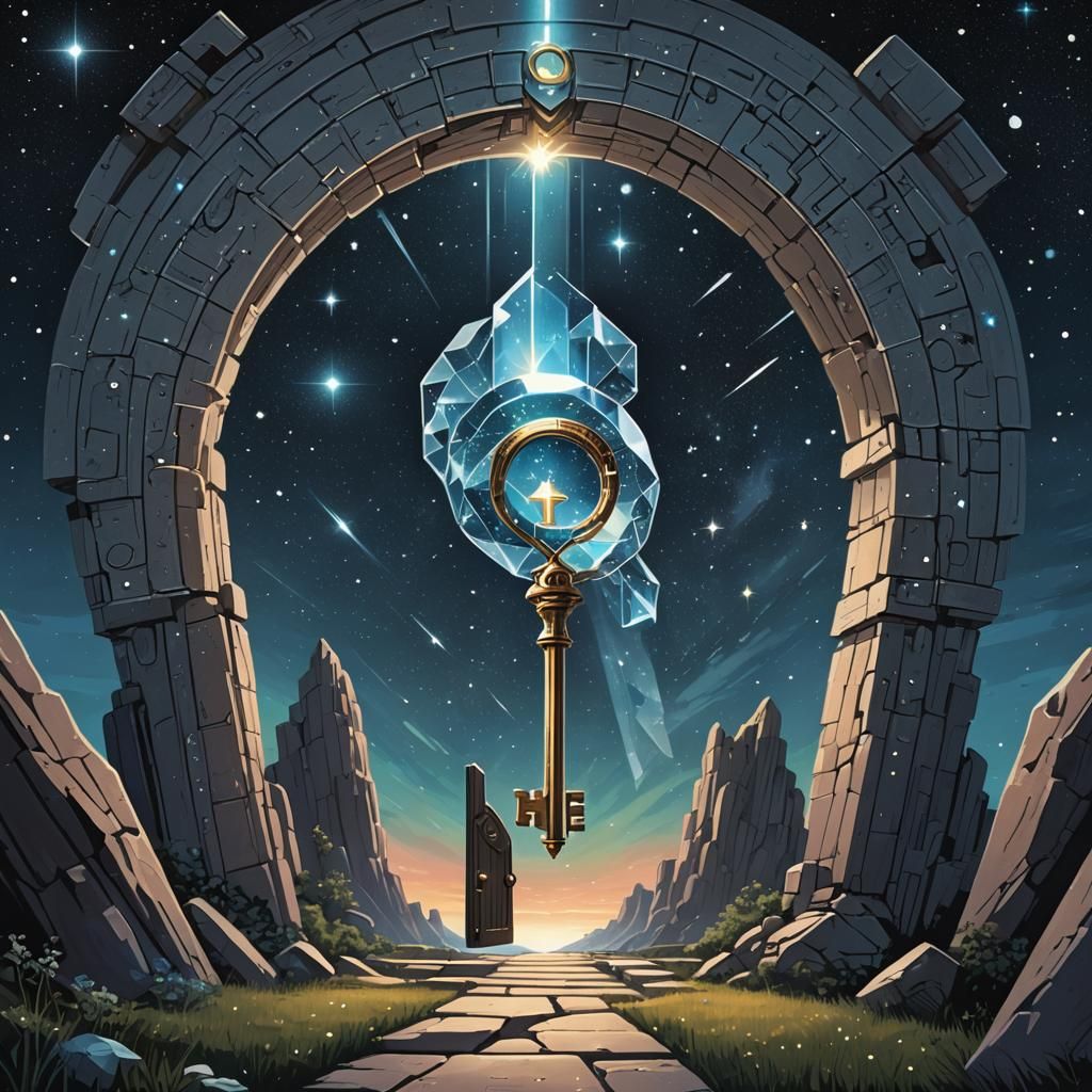 A scene where a crystal key is suspended in mid-air, aligning with a ...