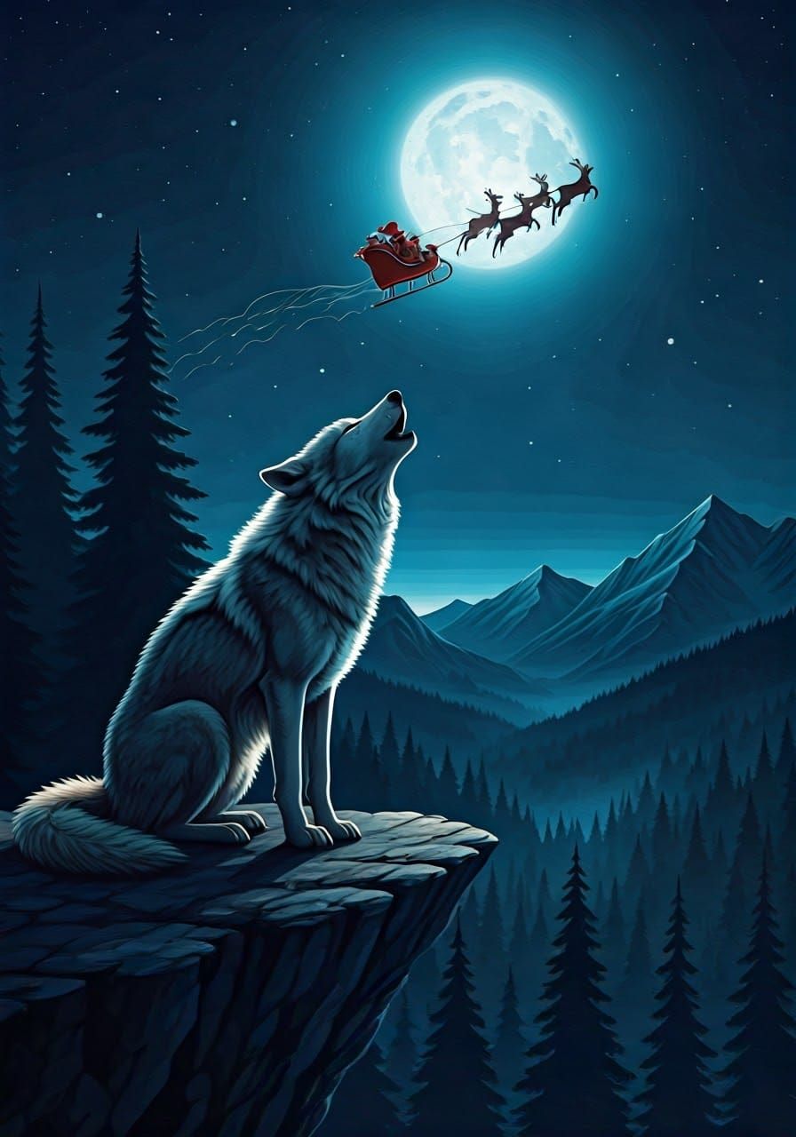 Wolf's Lonesome Serenade Under Starry Night Skies - AI Art