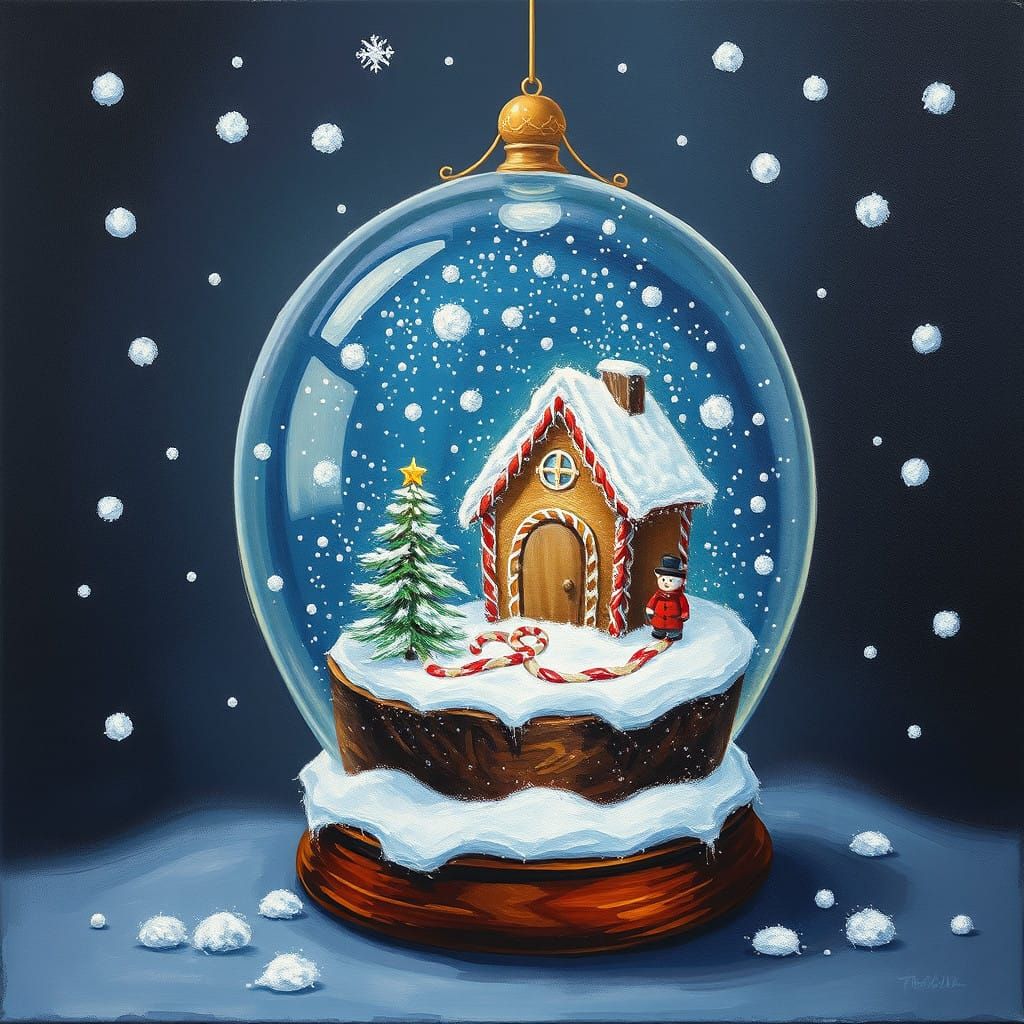 Winter Wonderland Snow Globe Scene in Oil on Canva... - AI Art