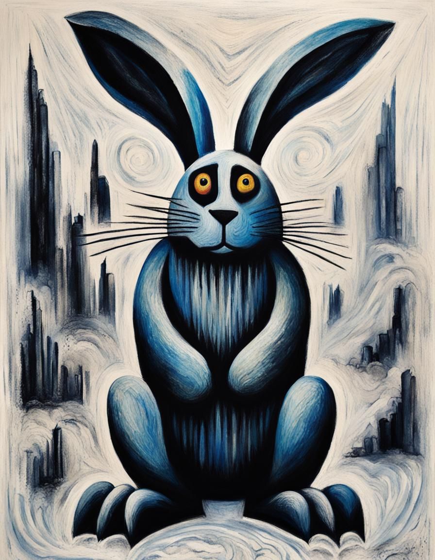 an oil pastel of a monstrous rabbit. warped abstract and surrealist ...