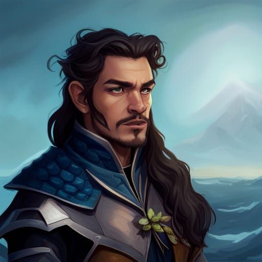 a young human bard/druid with long black hair with mistletoe woven in ...