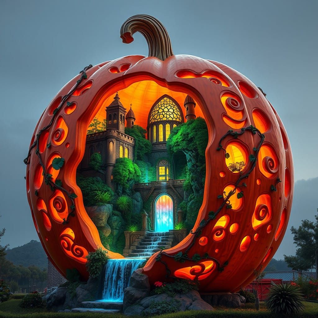A surrealis castle inside a pumpkin sculpture
