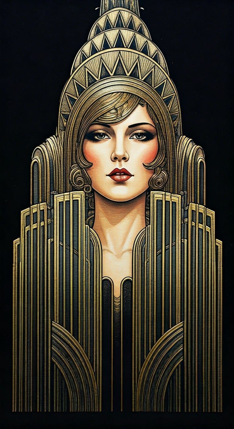 Art Deco ink drawing, metallic inks, a flapper in ... - AI Art