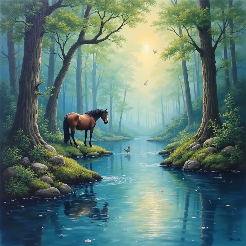Vibrant Watercolor Masterpiece: Forest, Horse, and... - AI Art