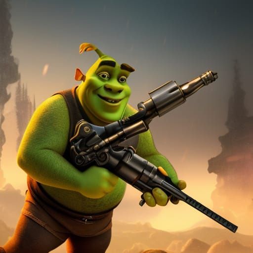 shrek holding minigun with explosions in the background - AI Generated ...