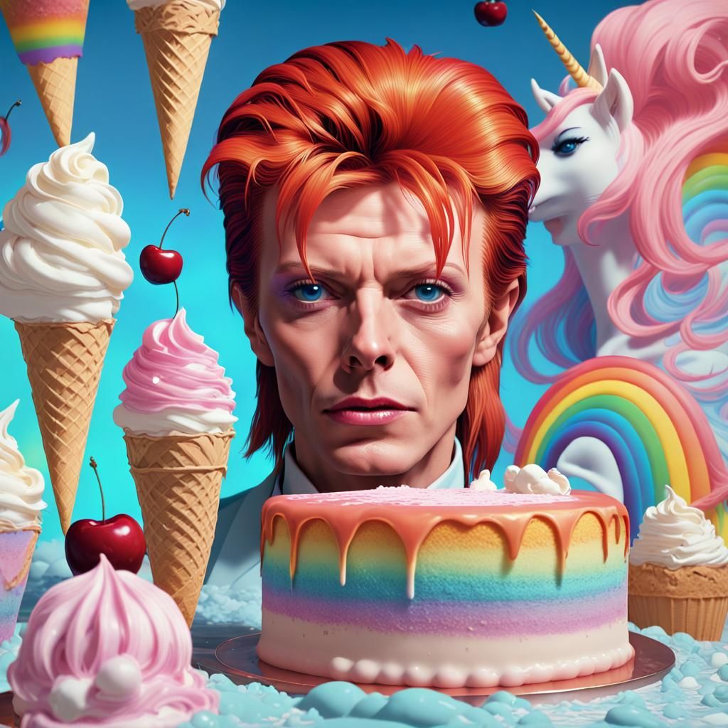 vaporwave david bowie, retro kitsch floating eyes, rainbows, unicorns ...