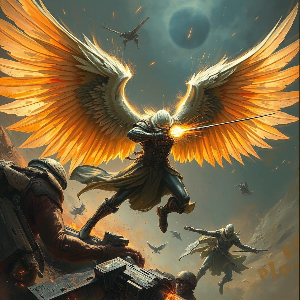 Cyberpunk Angel Engages in Intense Sci-Fi Battle - AI Art