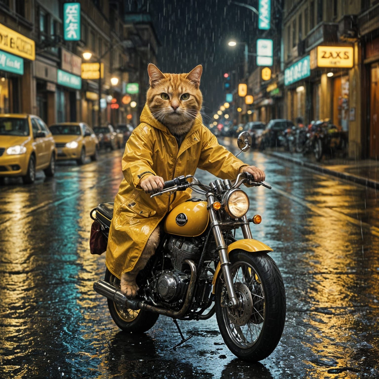 Cat Riding Motorcycle - Vibrant Yellow Cat Zooms Down City S...