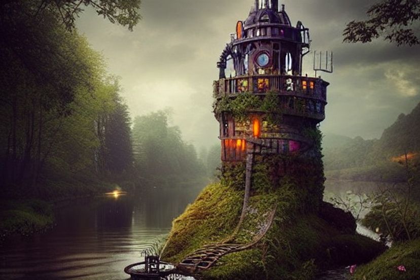 Amazing overgrown steampunk impossible castle by the river - AI ...