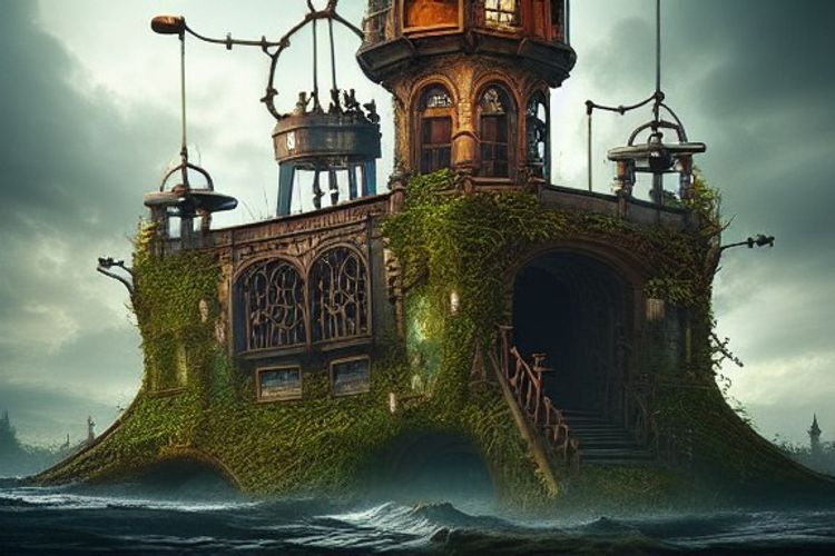 Amazing overgrown steampunk impossible castle by the river - AI ...