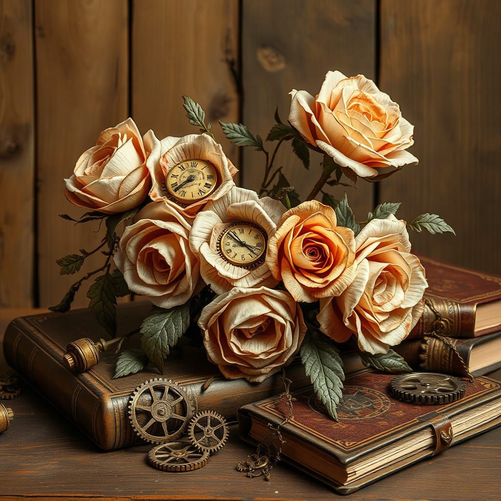 Steampunk Roses in Distressed Wood Frame - AI Art