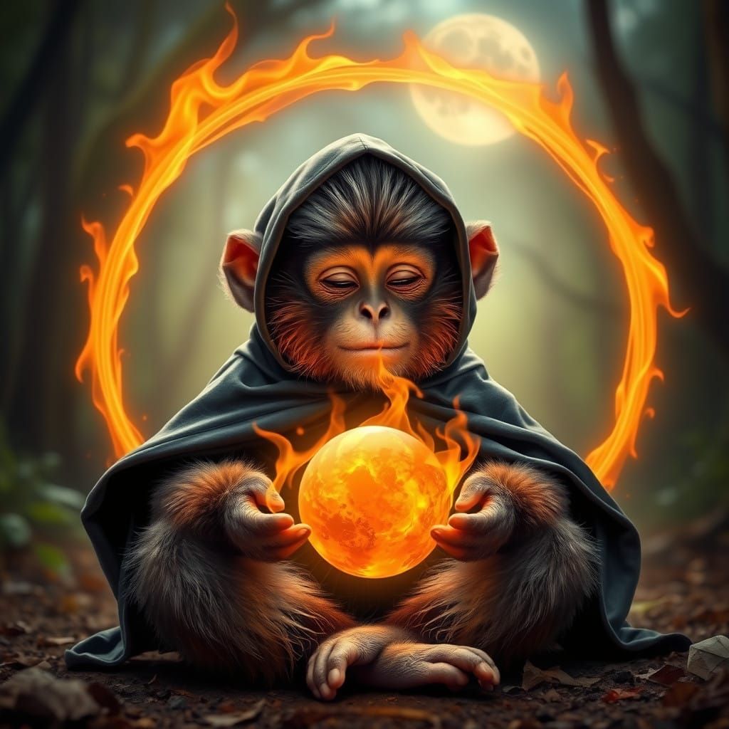 A cute fluffy baby monkey wearing a black leather hooded cloak, sitting ...