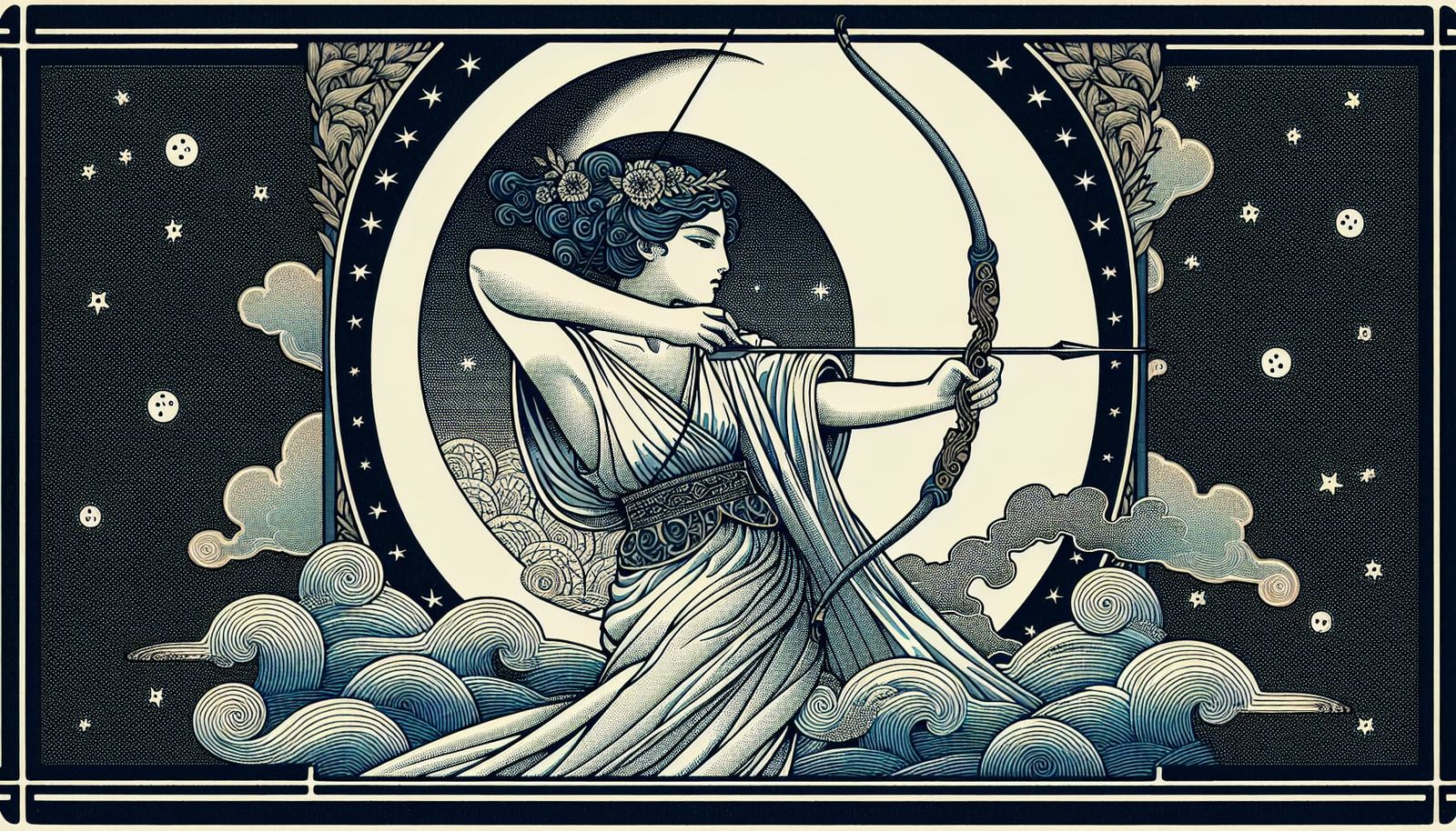 Art by Katsushika Hokusai, Alphonse Mucha, illustration of Artemis goddess of the hunt poised ...