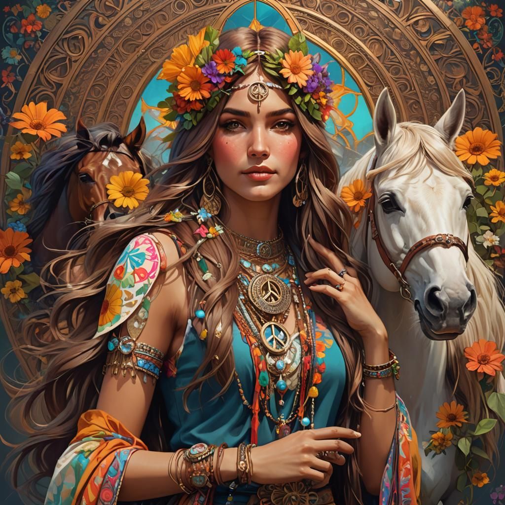 Pretty hippie girl with her horse - AI Generated Artwork - NightCafe ...