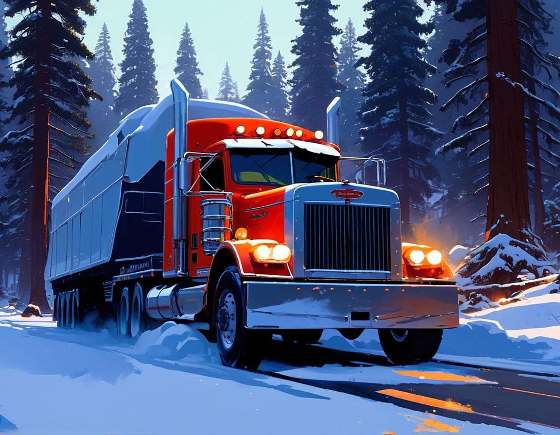 Flaming Red Peterbilt Big Rig Snow Truck in Winter... - AI Art
