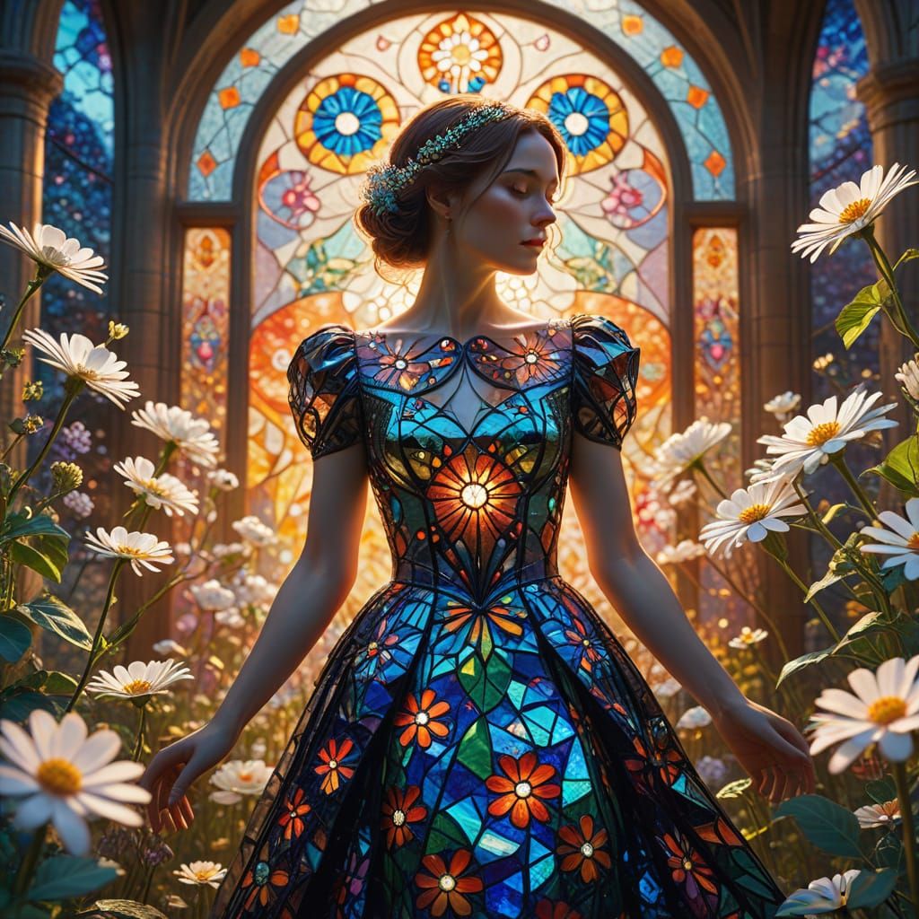"A breathtaking dress with stained glass patterns, creating a shining 3D light reflet ...