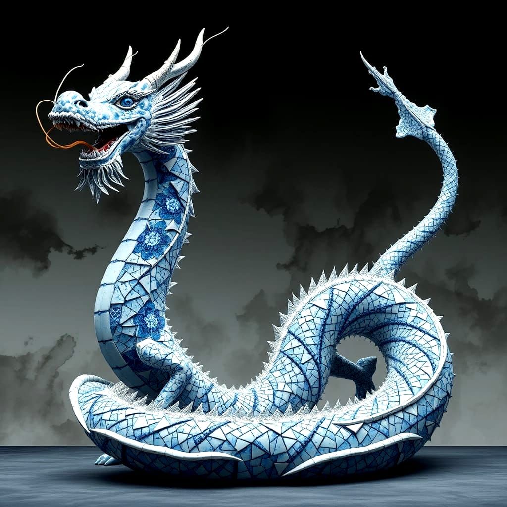 Chinese Monster mosaic fabricated from blue and white china fragments