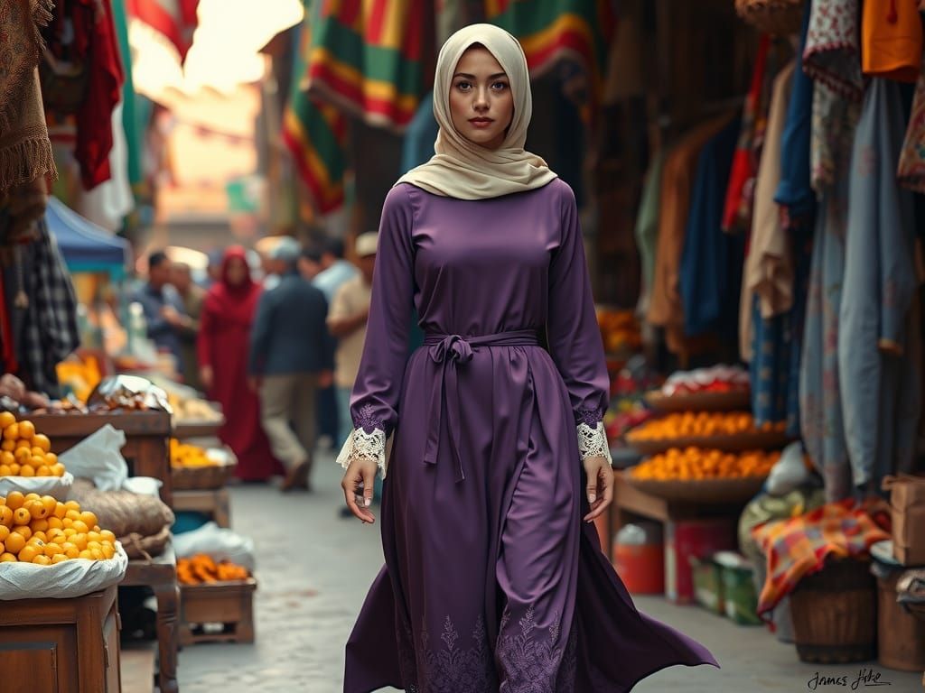 The Bazaar - Elegant Muslim Woman in a Bustling Bazaar