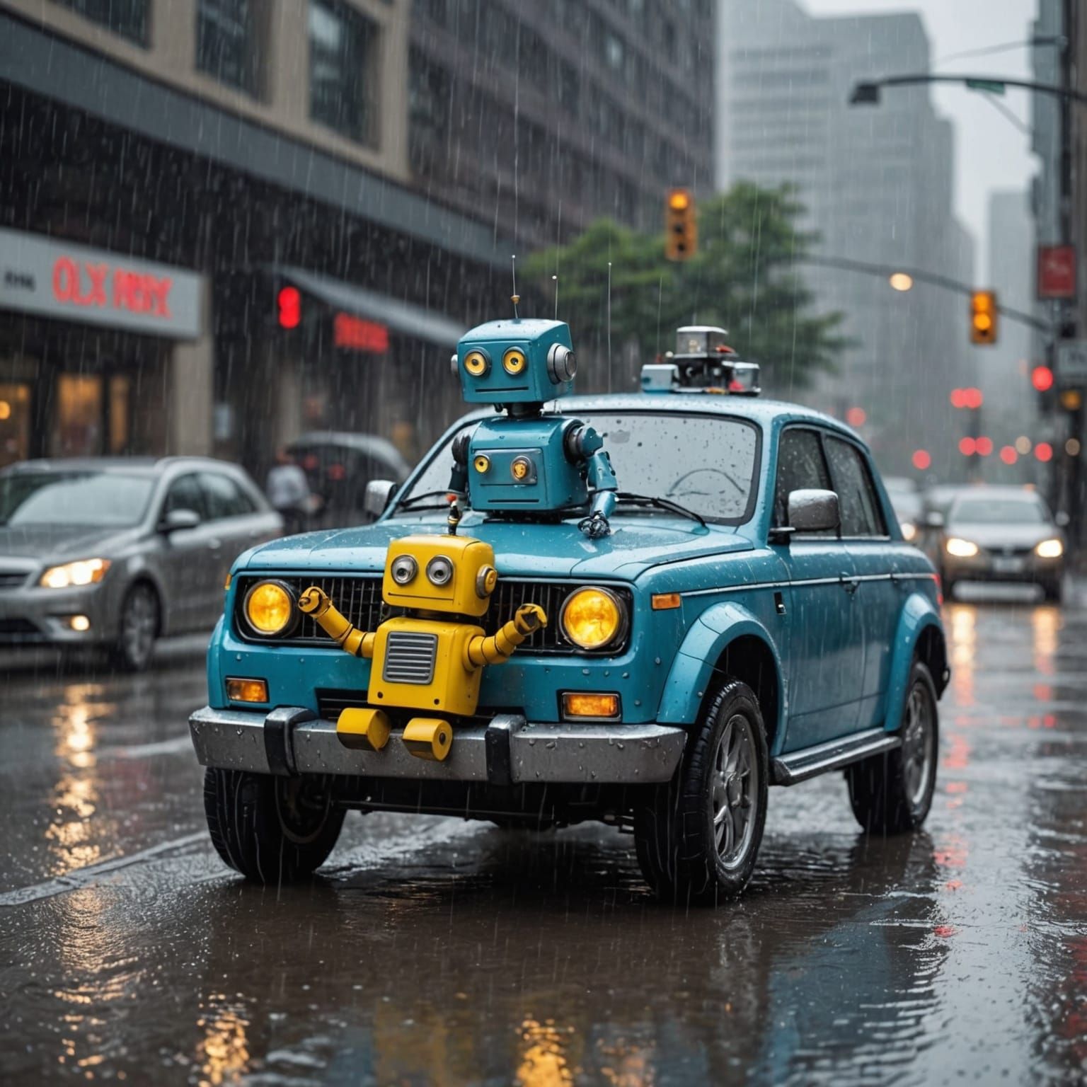 robot driving a car in the pouring rain with his robot family - AI ...