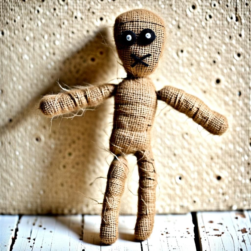 A realistic VooDoo Doll. Made out of burlap, X's for eyes, a tuft of ...