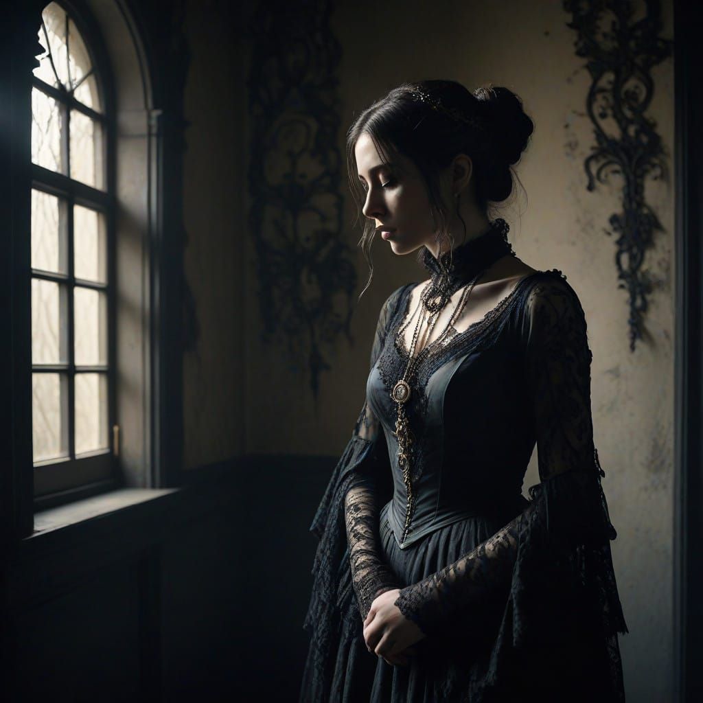 A haunting gothic ghost girl with tattered, Victorian-era attire and ...