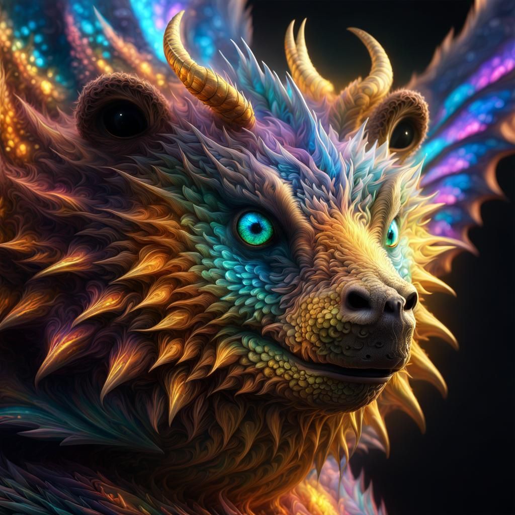 Photograph winged Obese dragon bear, large sparking eyes, intricate fractal colored fluffy fur ...