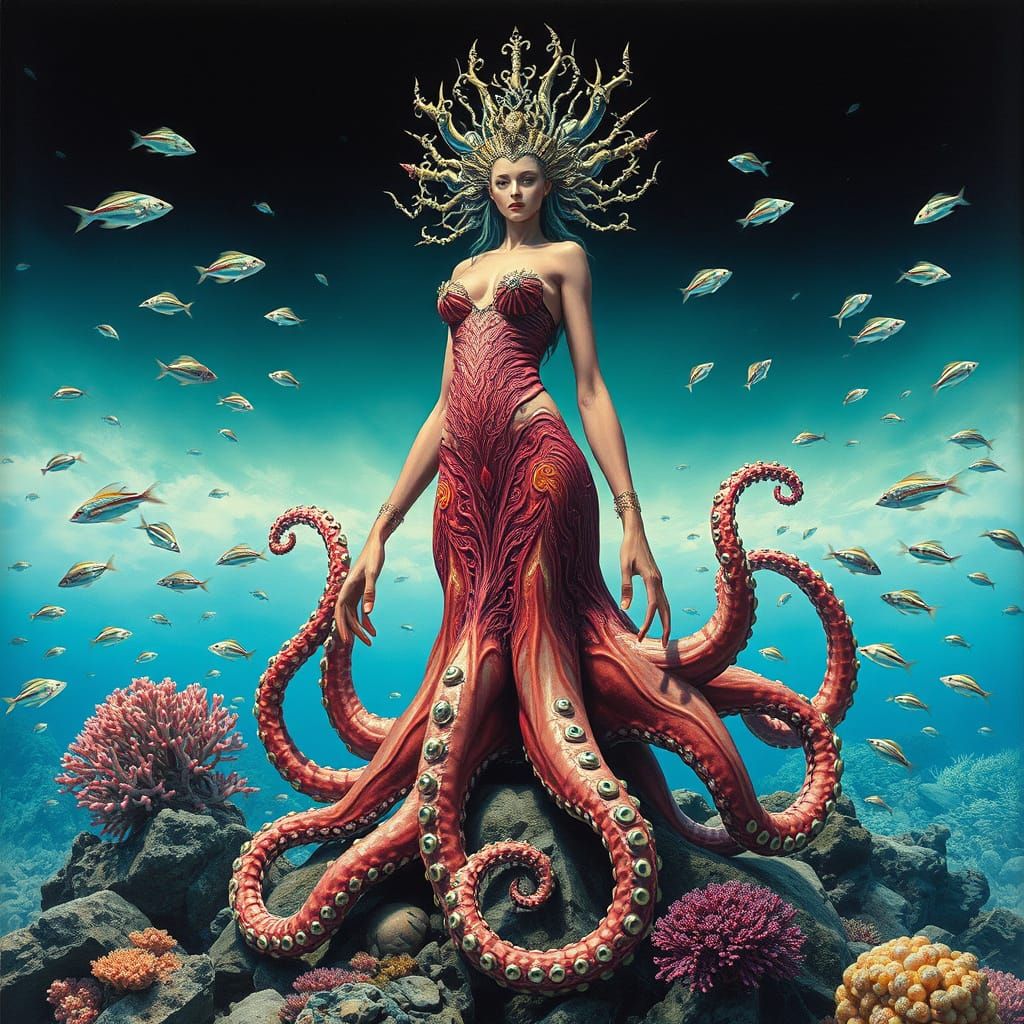 Octopus Sea Goddess - Surreal Sea Goddess Emerges from Ocean...
