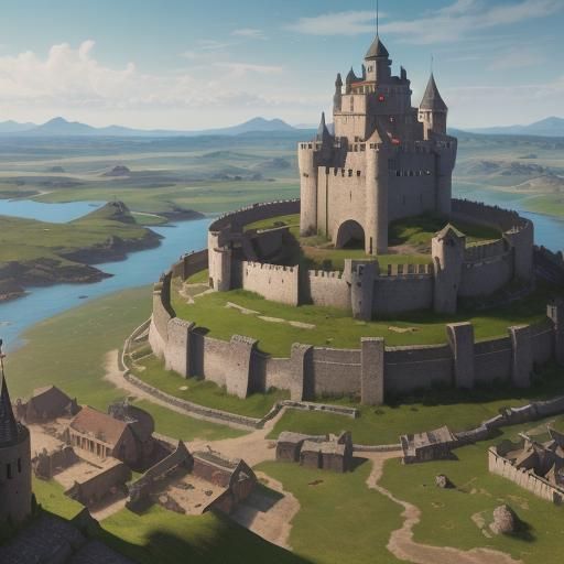 panoramic, medieval fort, tall wall, circular, walled, small houses ...