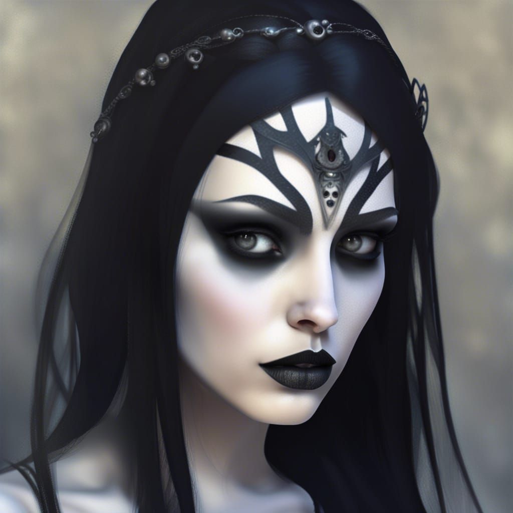 Ethereal gothic Hecate with long flowing black hair& sliver eyes& pale ...