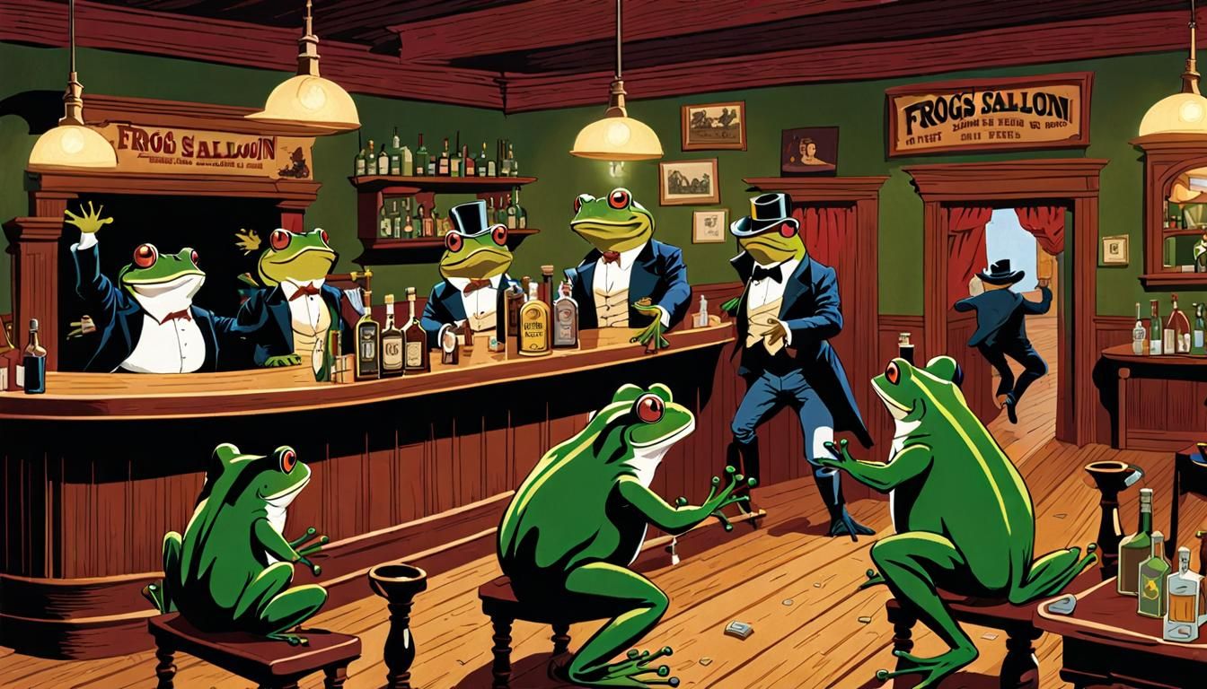 Frogs presenting a saloon fight where chairs fly, a pianist plays and ...
