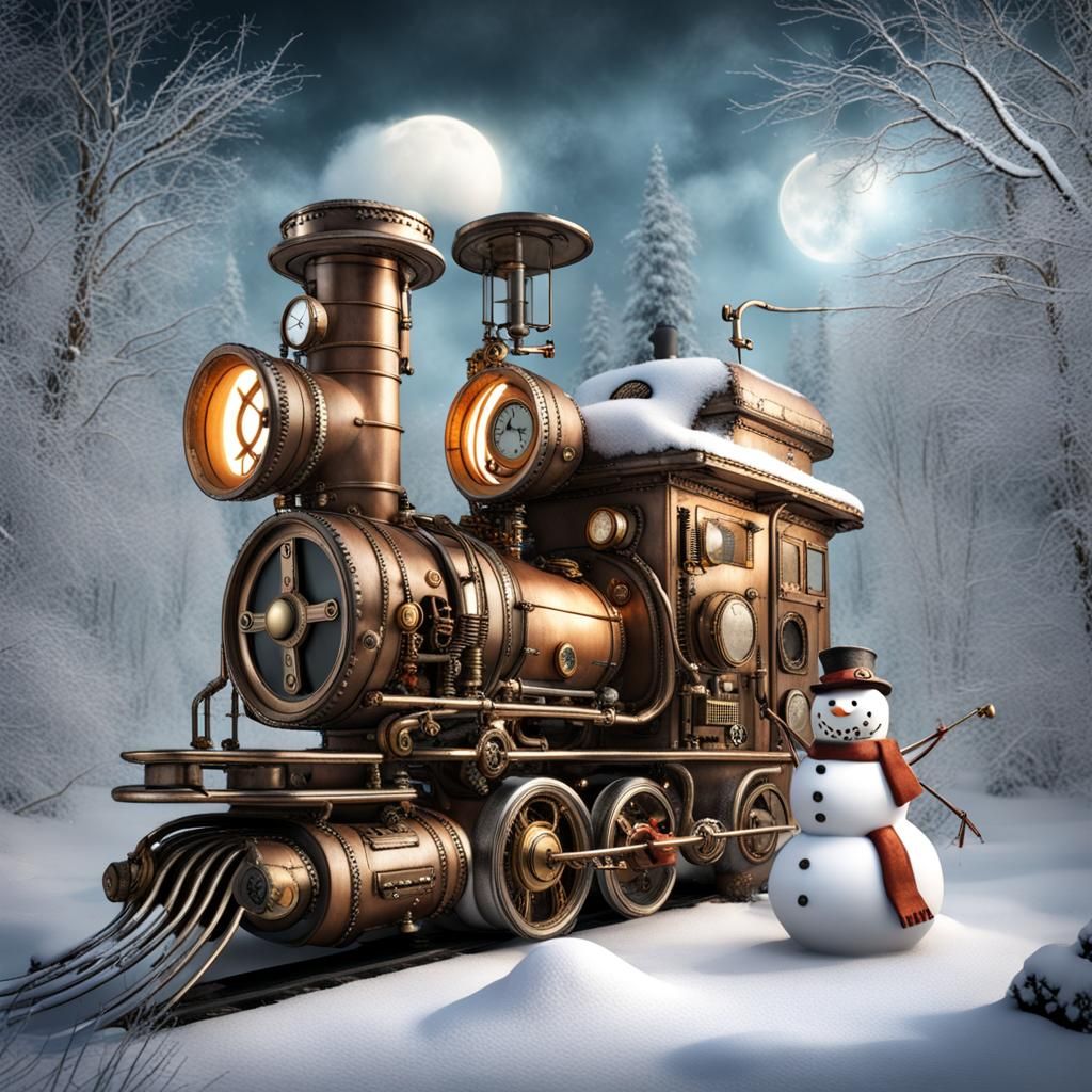 Steampunk Winter Wonderland with snow man steampunk engine - AI ...