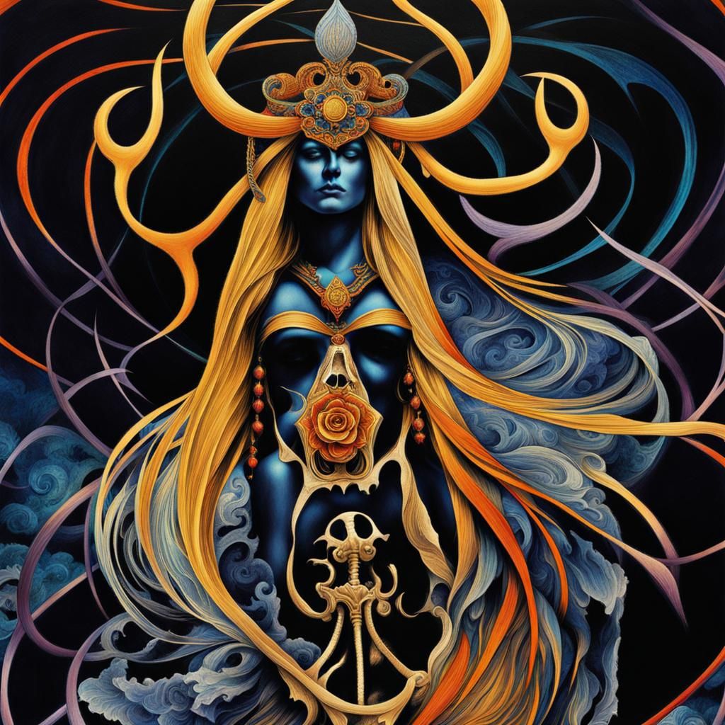 Surreal Whimsy: Woman Hugged by a Skeleton in Orna... - AI Art