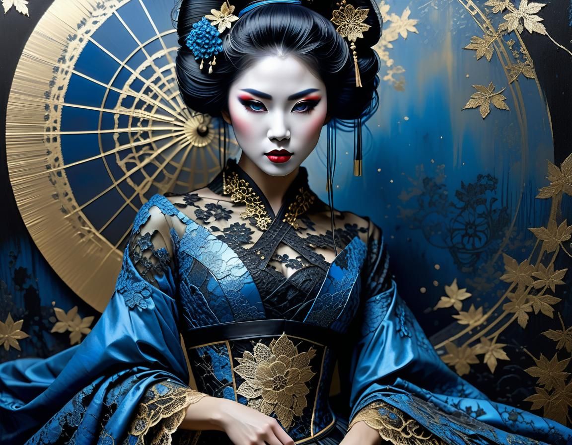 GEISHA: GOLD FAN & LEAVES - AI Generated Artwork - NightCafe Creator