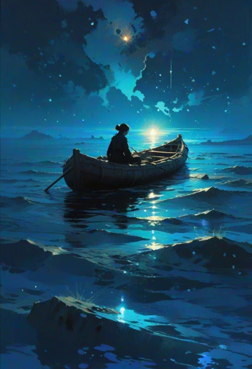 Drifting Raft Under Starry Night Sky with Ethereal... - AI Art