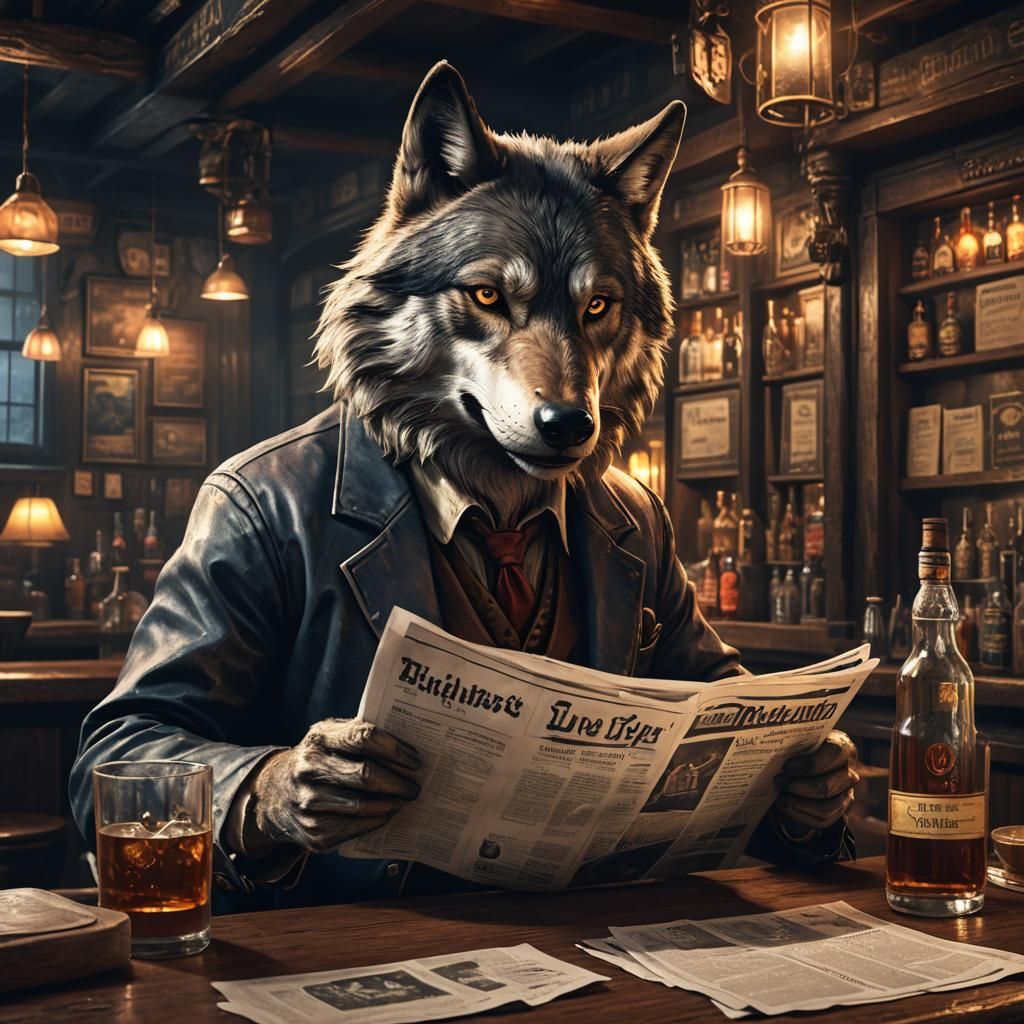 wolf reading newspaper in a dark corner of a bar drinking rum : r/nightcafe