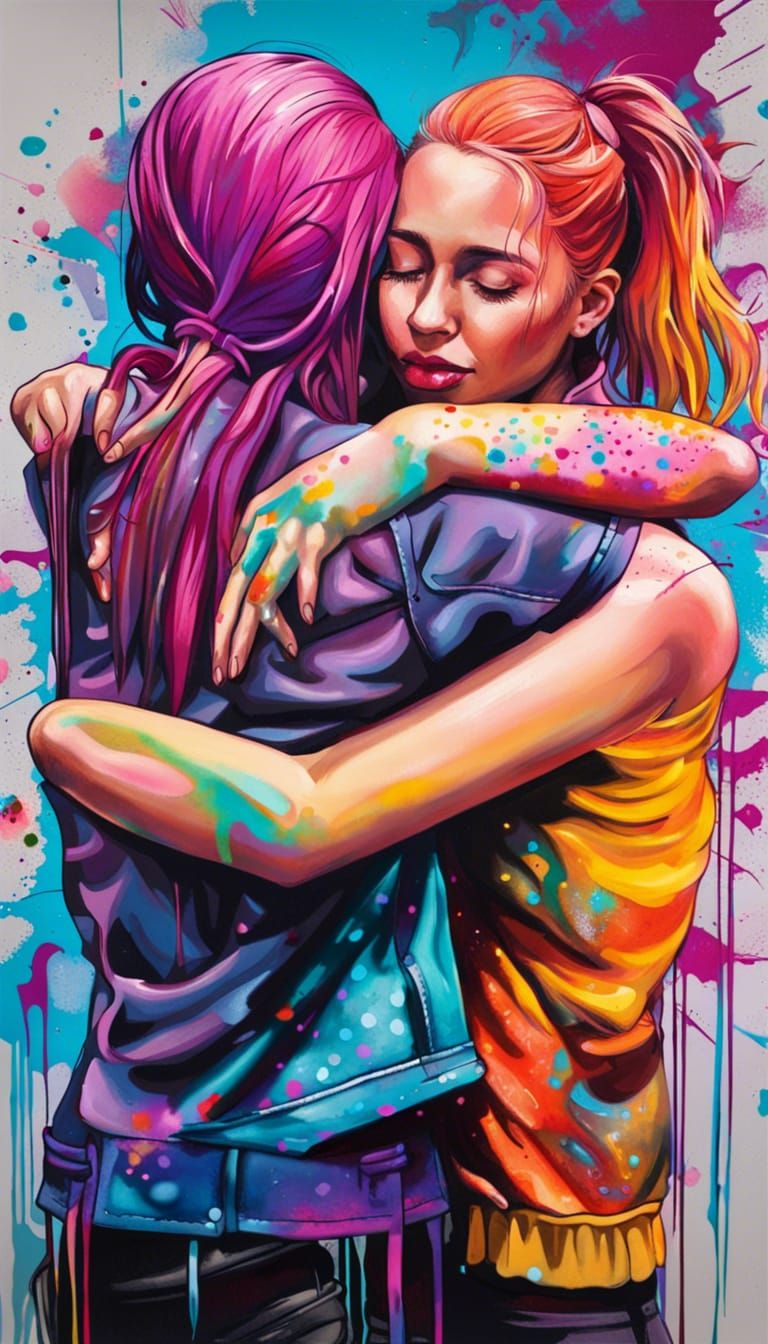2 girls in love with each other and hugging, lgbtq. graffiti art ...