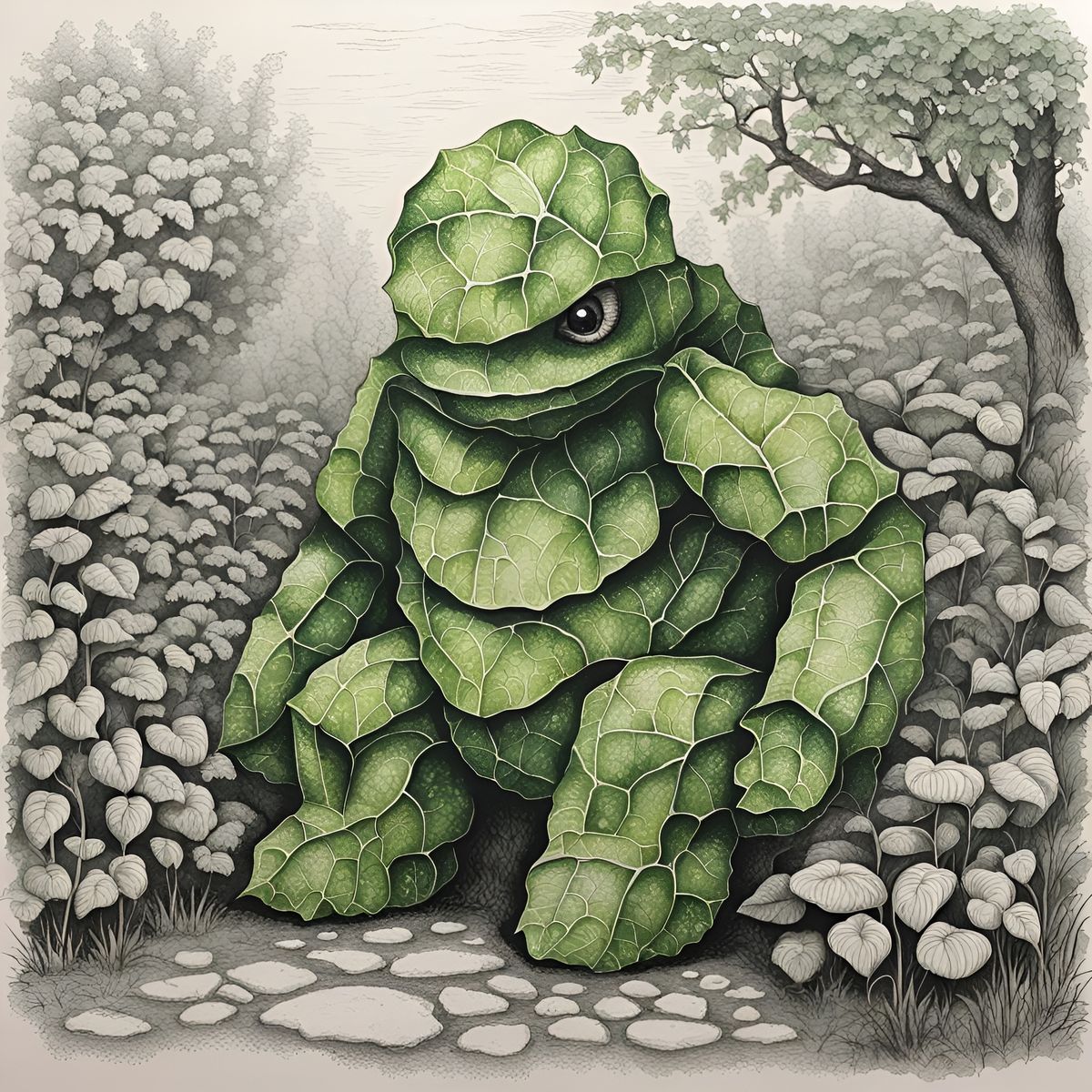 Leaf golem in the vintage garden, green and whiter Cross Hatching inking art - AI Generated ...