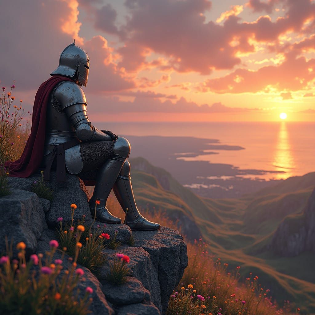 Medieval Knight at Sunset on a Cliff's Edge - AI Art