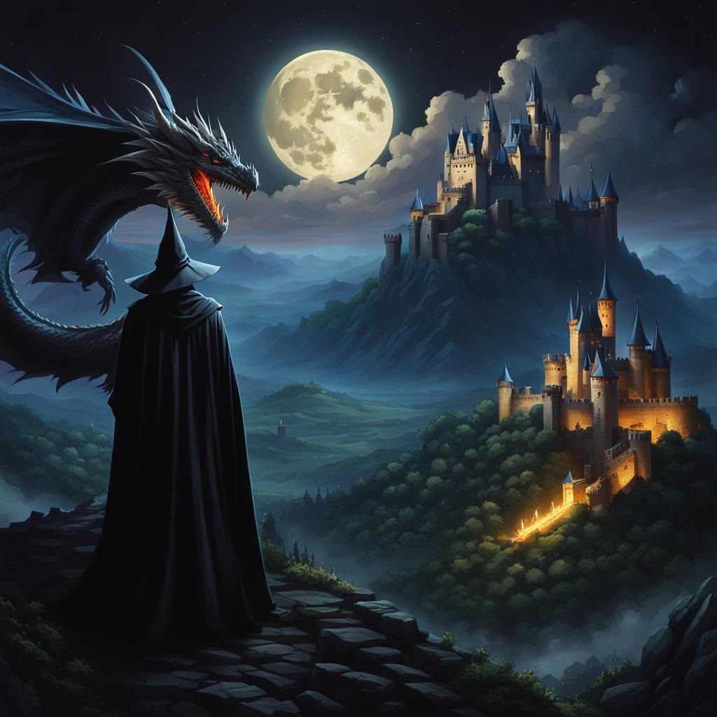 a dark wizard over looking the world with a castle in the back round ...