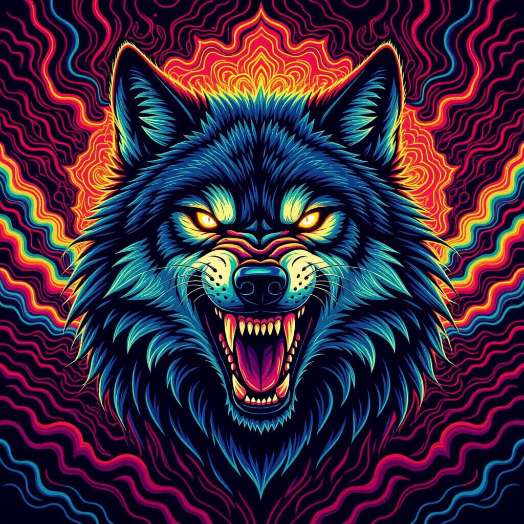 Psychedelic Wolf Portrait with Glowing Eyes - AI Art
