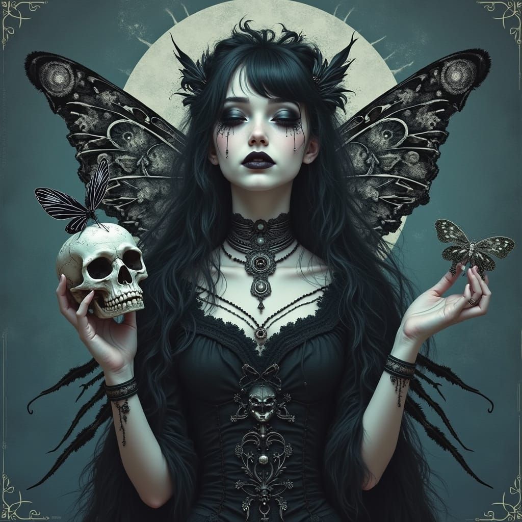 Ethereal Gothic Emo Girl with Sugar Skull and Butt... - AI Art