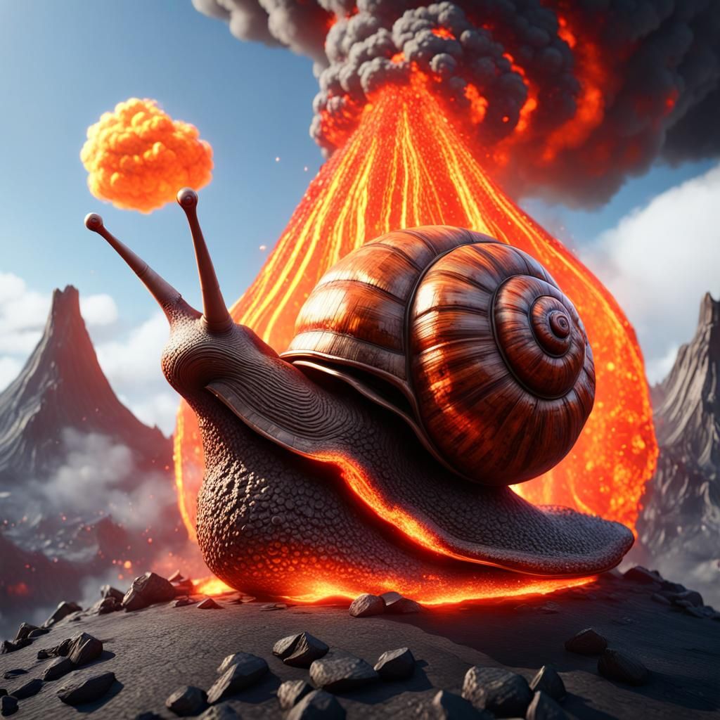 A mechanical snail with a volcano on top with lava coming down and ...