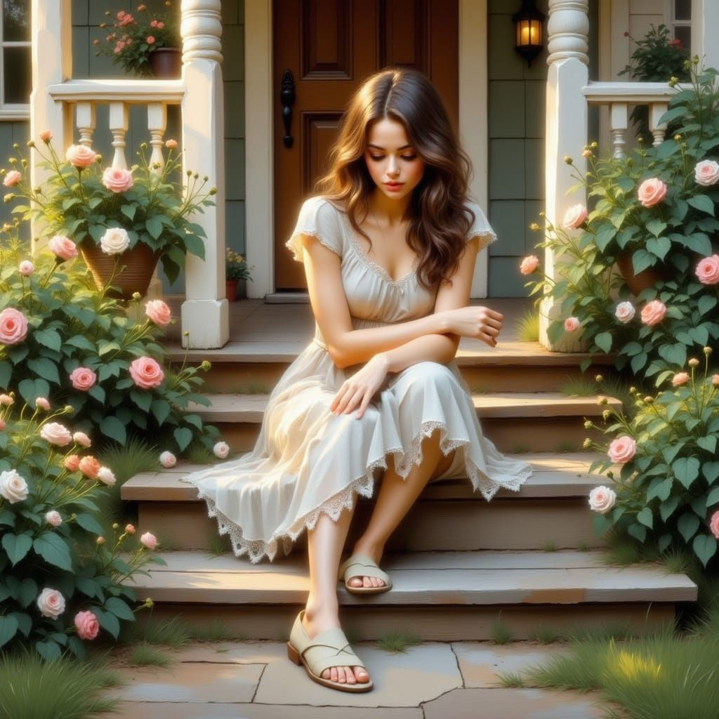 Hopeful Woman on Porch in Hyperreal Style - AI Art