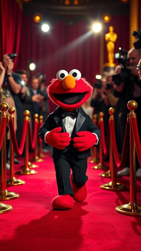 Elmo walking the red carpet at the Oscars, velvet ropes, paparazzi ...