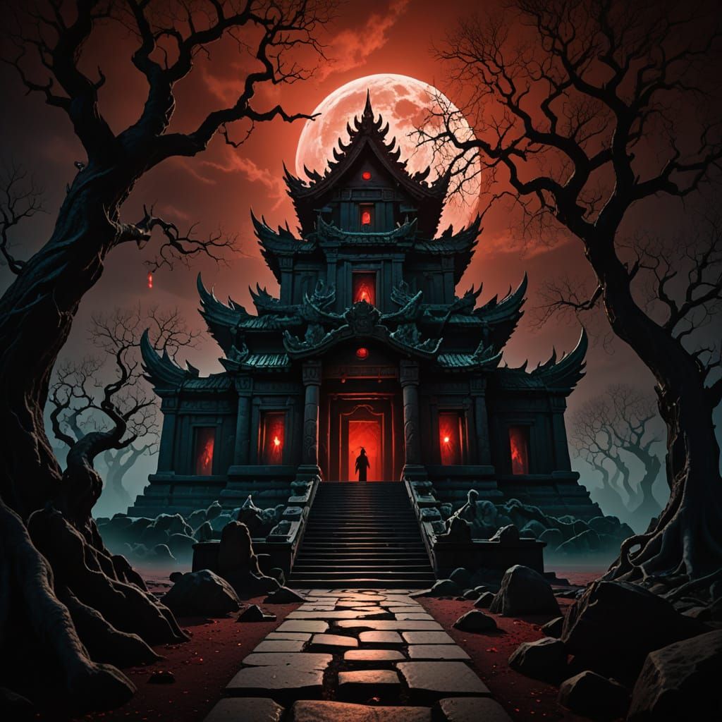 Dark Blood-Moon Temple - Dark Fantasy Temple Under Blood Moo...