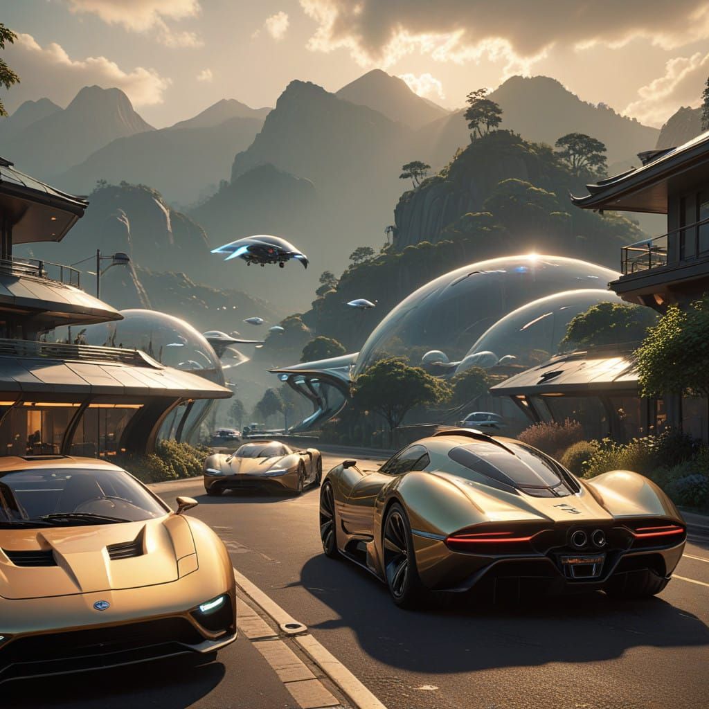 "Create a futuristic suburban scene set in a lush valley surrounded by ...