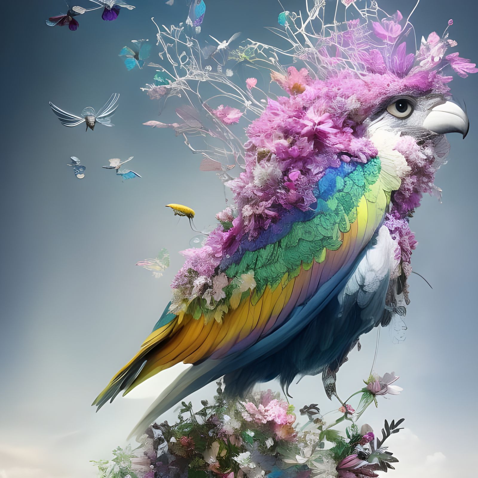 rainbow crow flower cage magical realism - AI Generated Artwork - NightCafe Creator